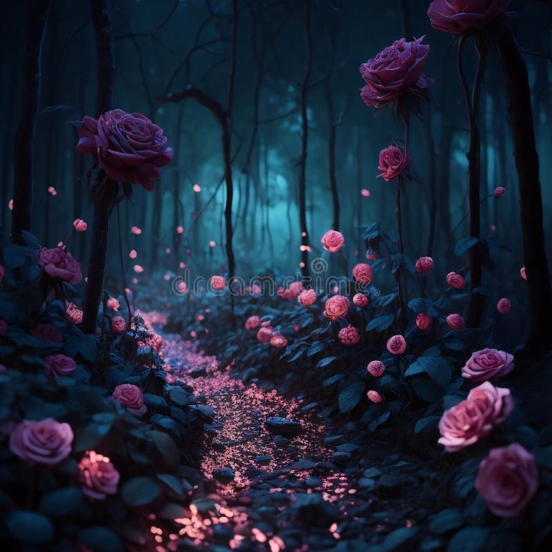 Mysterious Dark Forest with Pink Roses and Path. Halloween Concept ...