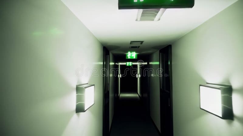 A Mysterious and Dark Hallway with an Exit Sign and Subtle Ambient ...