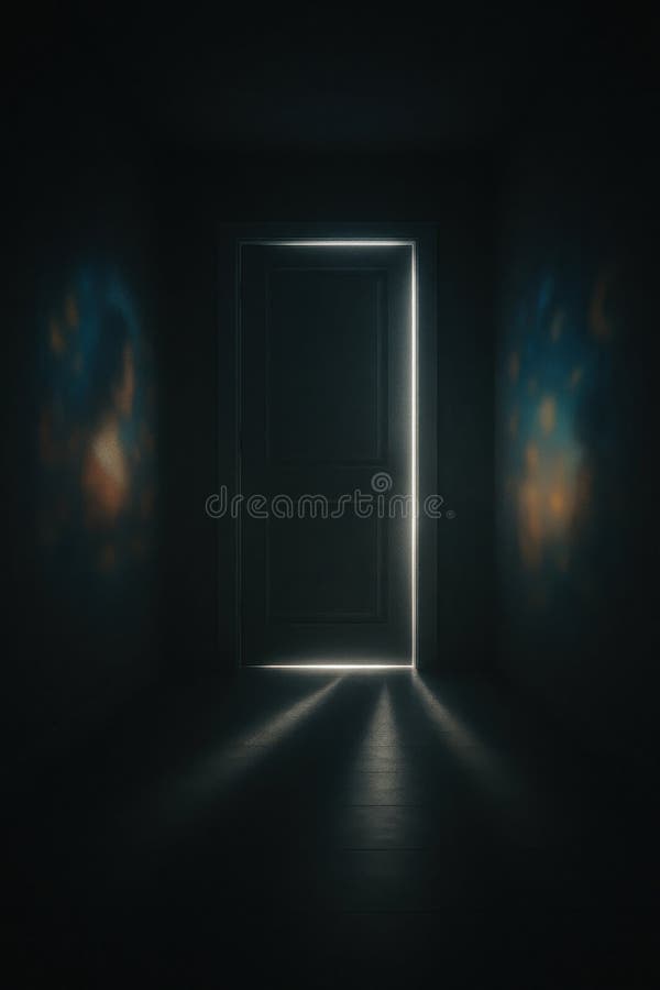 A Mysterious Dark Hallway with Light Seeping through a Closed Door ...