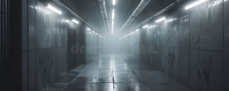 Mysterious Dark Industrial Hallway with Ceiling Lights in Mist. Stock ...