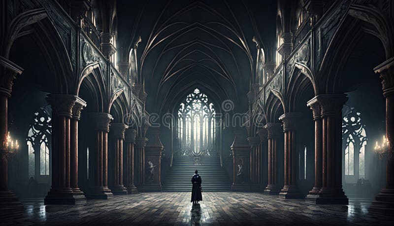 Mysterious Dark Interior of the Cathedral. 3D Rendering Stock ...