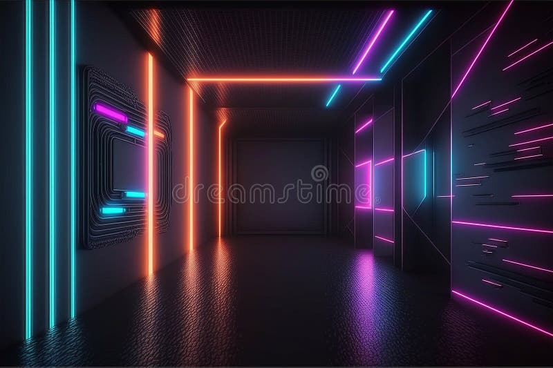 A Mysterious Dark Room with Black Walls and Neon Linear Lights Stock ...