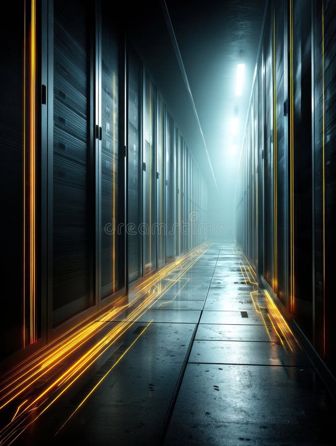 Mysterious Dark Server Room Featuring Glowing LED Stripes and Data ...