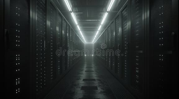 A Mysterious Data Center Featuring Dim Lighting Alongside Towering ...