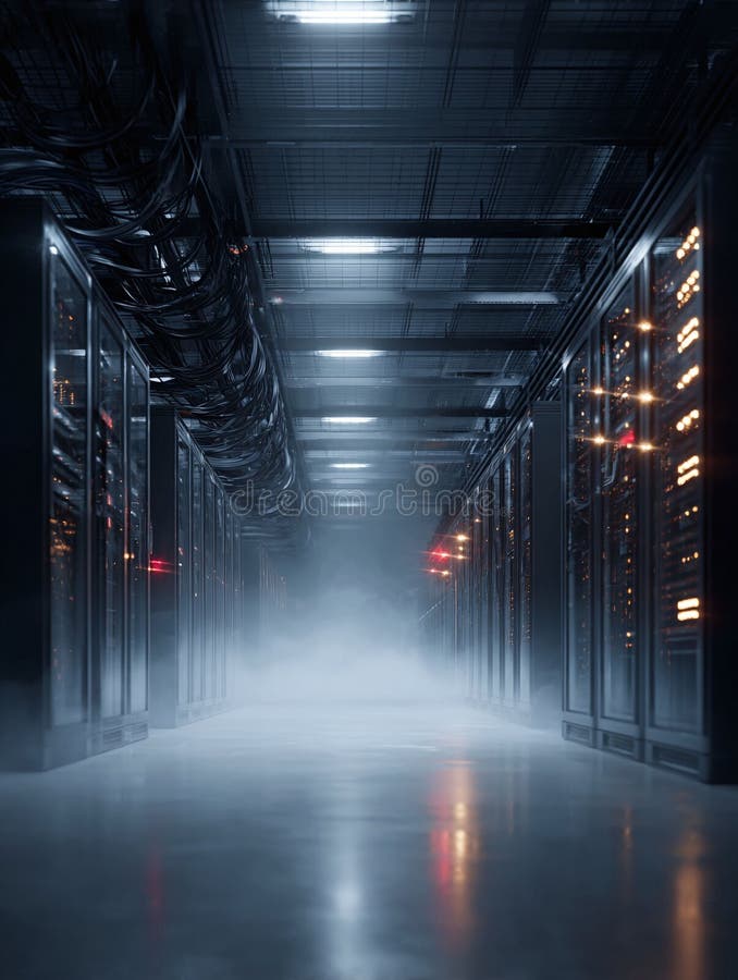 Mysterious Data Center with Server Racks Vanishing in Mist. Ideal for Illustrating Complex ...