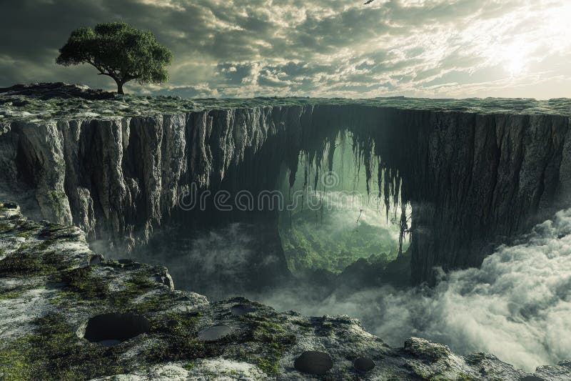 Mysterious Deep Chasm Surrounded by Clouds and a Lone Tree on the Edge ...