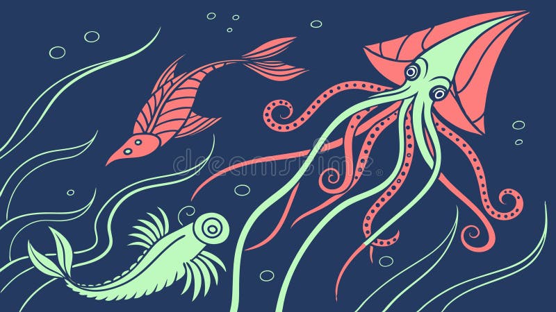 Mysterious Deep Sea Creatures Vector Illustration, Vector Design ...