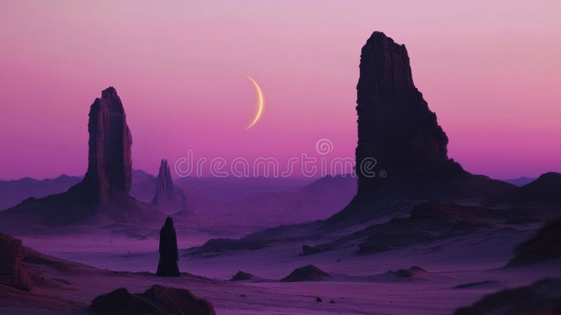 Mysterious Desert Landscape with Crescent Moon and Rocky Formations at ...