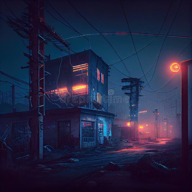 Mysterious Deserted Postapocalyptic City with Glowing Lamps at Night ... Mysterious Deserted Postapocalyptic City with Glowing Lamps at Night ...