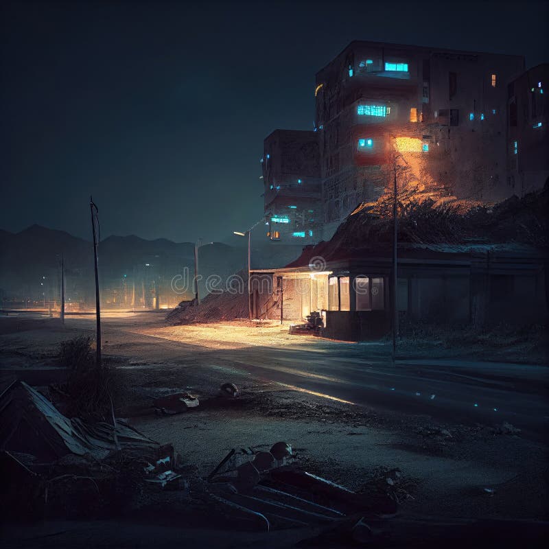 Mysterious Deserted Postapocalyptic City with Glowing Lamps at Night ... Mysterious Deserted Postapocalyptic City with Glowing Lamps at Night ...
