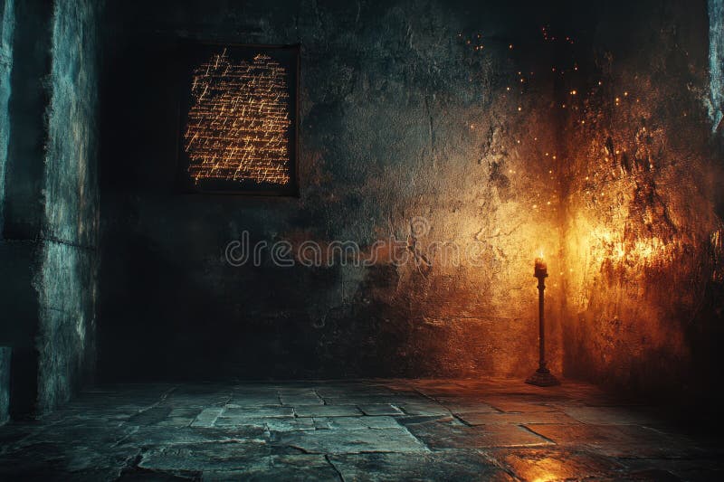 Mysterious Dimly Lit Chamber with Ancient Writings and Flickering Torch ...