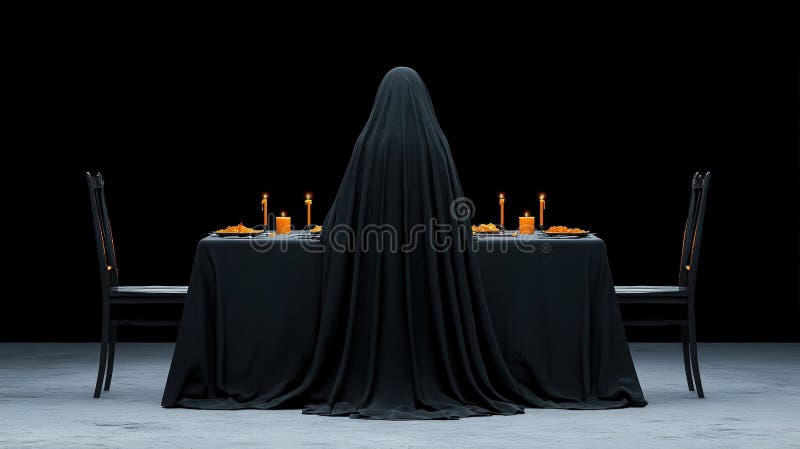 Mysterious Dinner Setting with a Cloaked Figure at a Candlelit Table ...