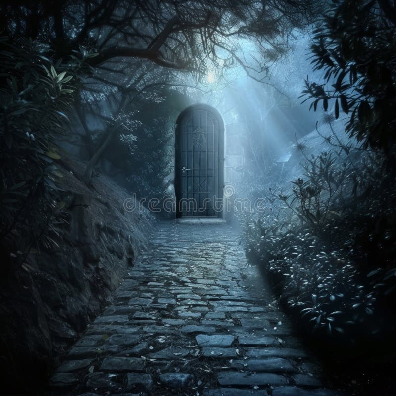 Mysterious Door at the End of a Garden Path Stock Illustration ...