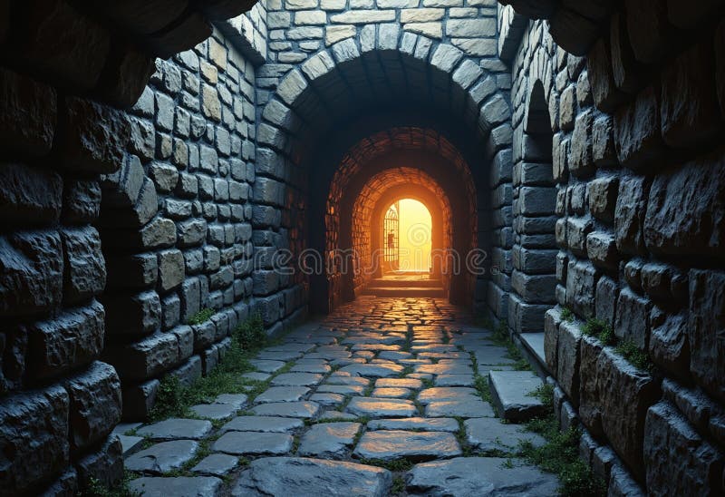 Mysterious Dungeon Corridor with Illuminated Exit Dark Stone Walls ...