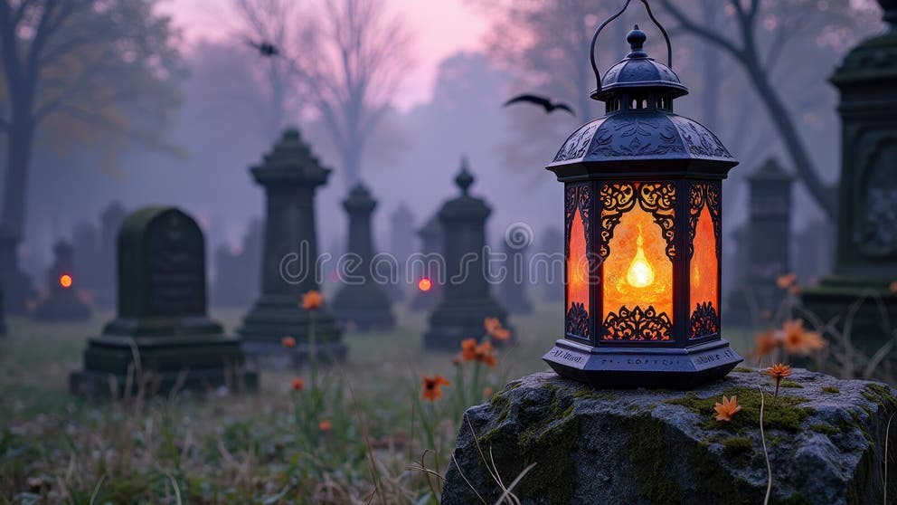 Mysterious Dusk Lantern in Spooky Graveyard with Glowing Light and ...