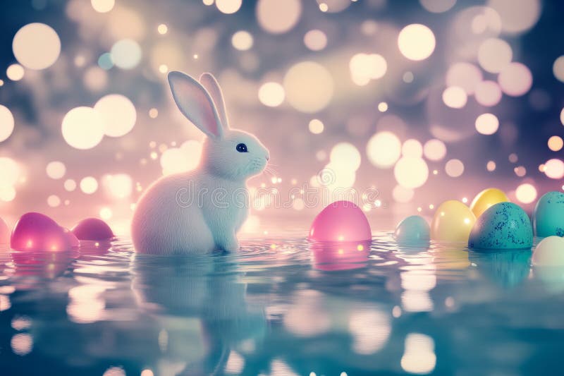 Mysterious Easter Bunny Floating Above Pool Water Surrounded Ethereal ...