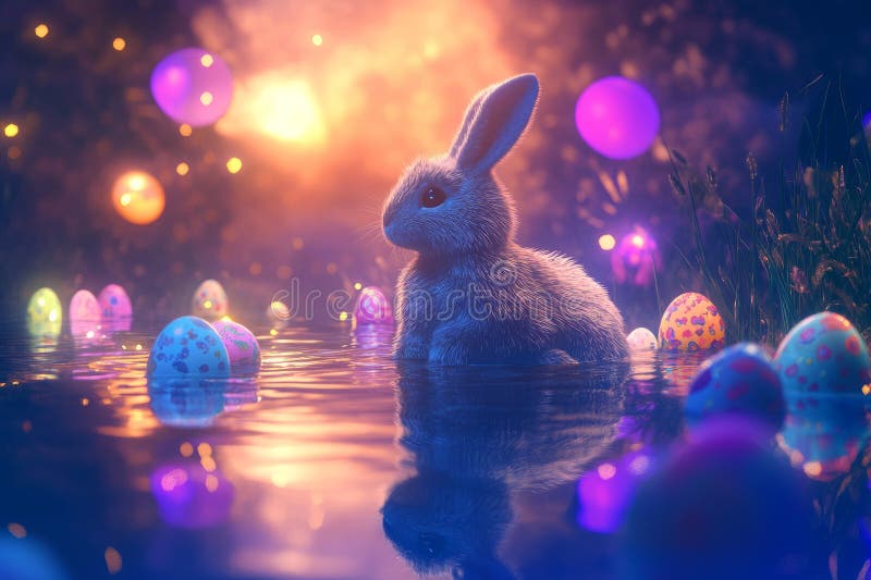 A Mysterious Easter Bunny Floating Above a Pool of Water, Surrounded by ...