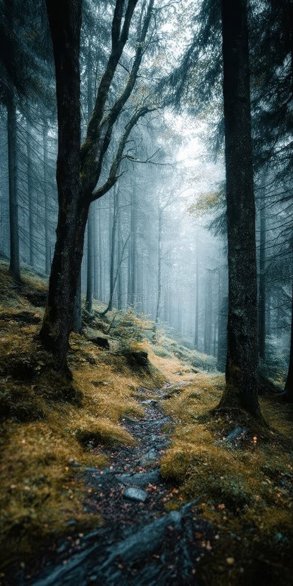 Mysterious Eerie Forest Pathway Surrounded by Dark, Brooding Trees and ...