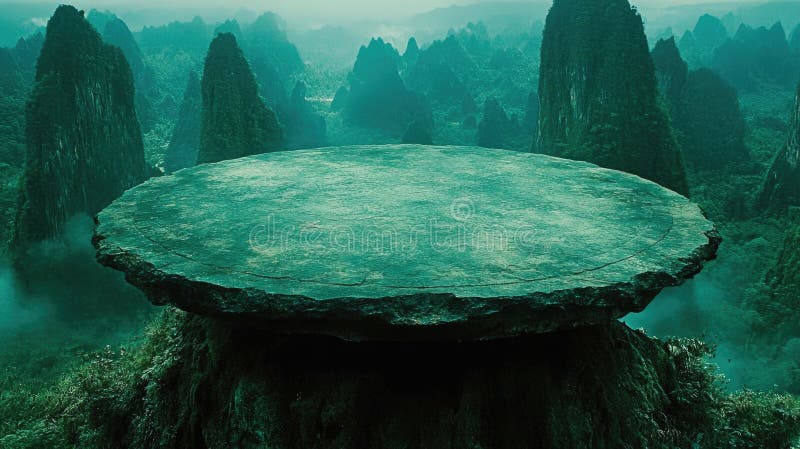 Mysterious Elevated Stone Platform in Misty Mountain Landscape Stock ...