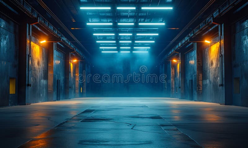 Mysterious Empty Warehouse Interior with Dim Lighting and Fluorescent ...