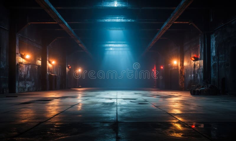 Mysterious Empty Warehouse Interior with Dim Lighting and Fluorescent ...