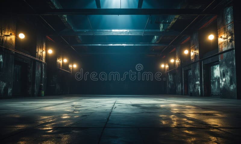 Mysterious Empty Warehouse Interior with Dim Lighting and Fluorescent ...
