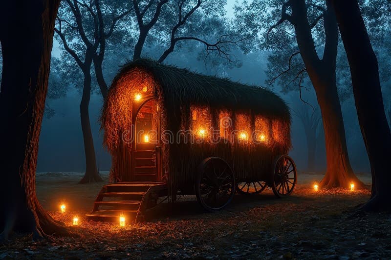 Mysterious Evening Ride through Haunted Fields Stock Illustration ...