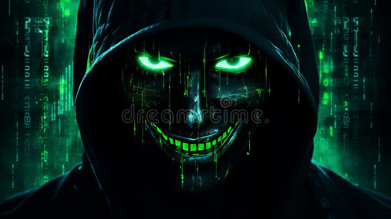 Mysterious Face of Anonymous Hacker with Glowing Green Eyes Veiled in Array of Green Program ...