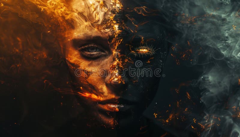 Mysterious Face Blending Fire and Shadows during a Dramatic Creative ...