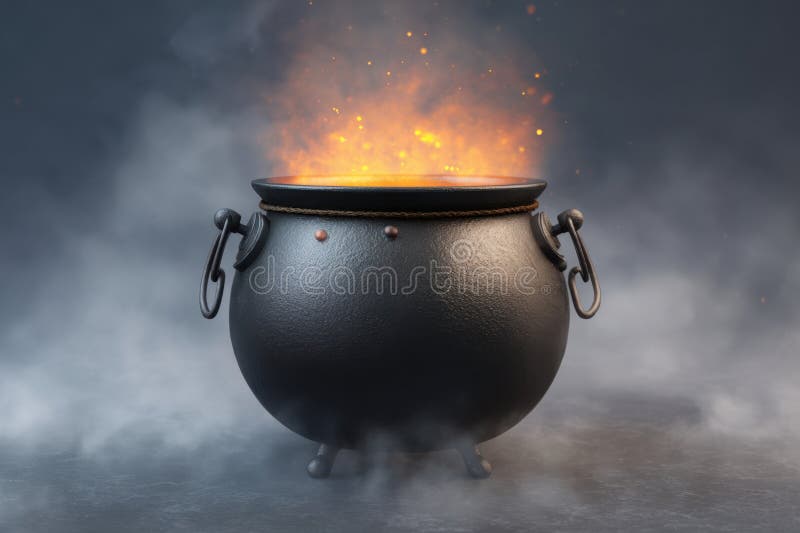 Mysterious Fiery Cauldron with Smoke and Sparks in Dark Atmosphere ...