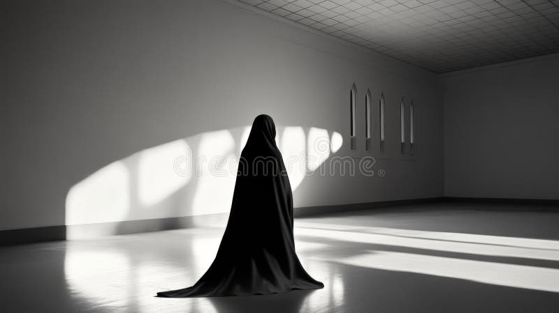 Mysterious Figure in Black Cloak in Sunlit Empty Room with Arched ...