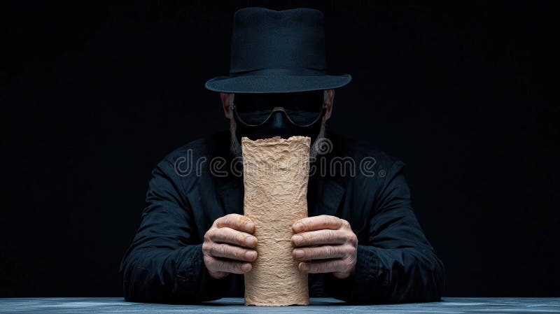 Mysterious Figure in Black Holding a Wrapped Object Dark Background ...