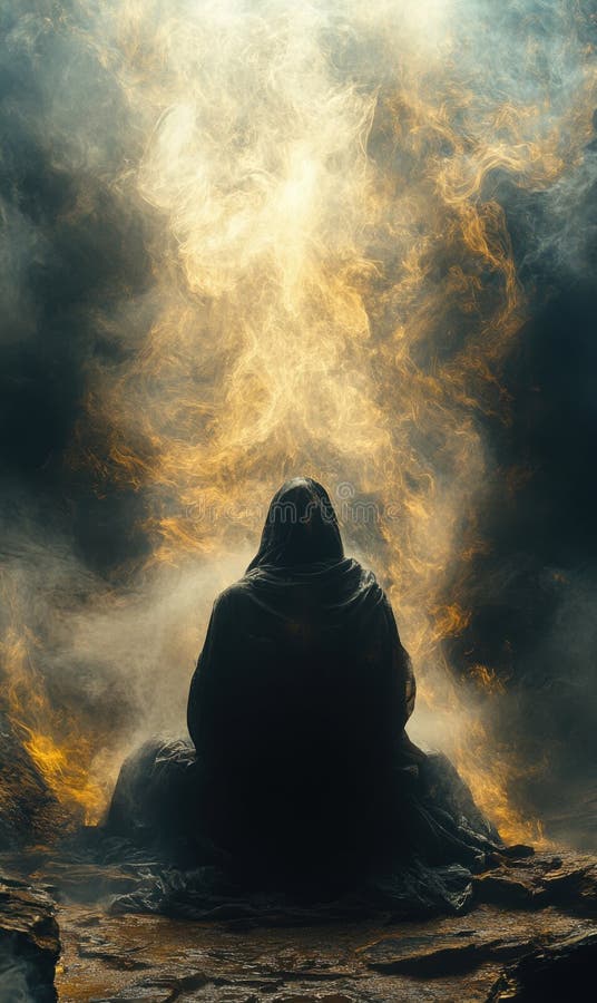 Mysterious Figure in Dark Robe Surrounded by Swirling Flames and Smoke ...