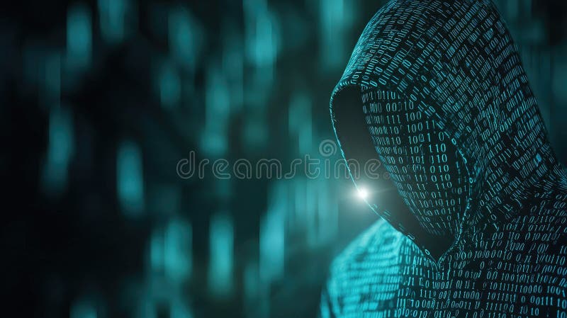 A Mysterious Figure in a Digital Hoodie, Surrounded by Binary Code ...