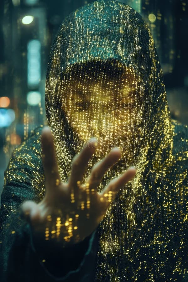 Mysterious Figure with Glowing Digital Patterns Reaches Out in an Urban ...