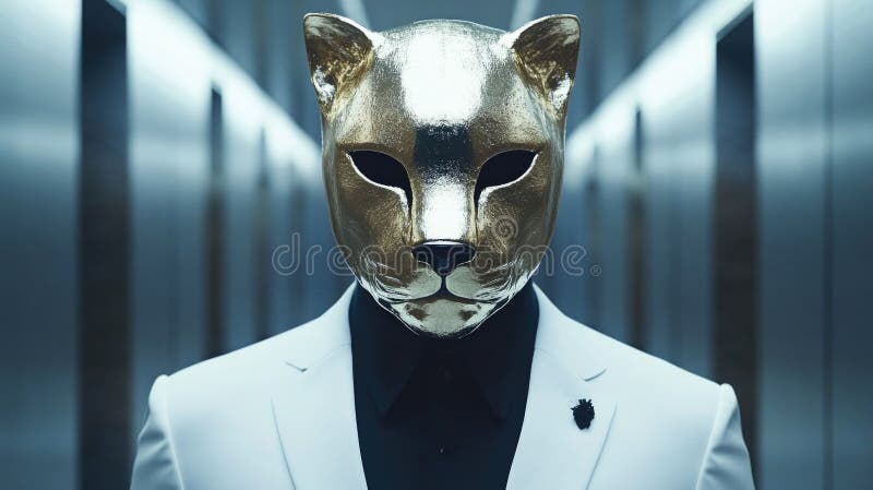 Mysterious Figure in Gold Cat Mask and White Suit in Dimly Lit Hallway ...