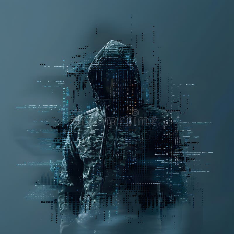Mysterious Figure in Hoodie Surrounded by Digital Patterns and Data ...