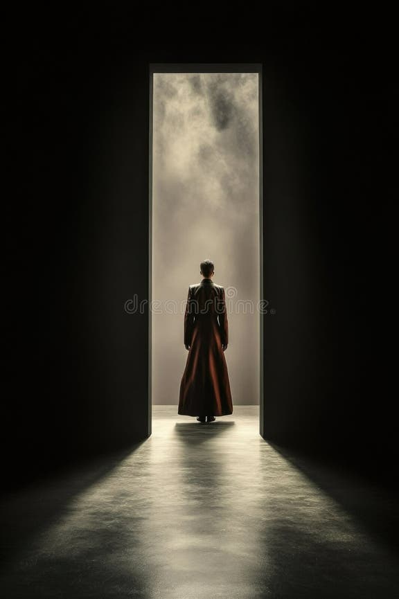 Mysterious Figure in Long Coat Illuminated by Light in Dim Corridor ...