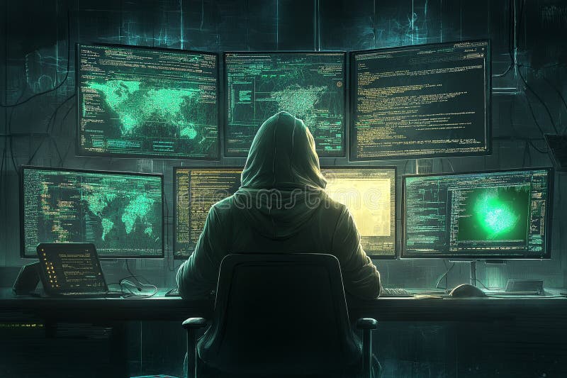 A Mysterious Figure Observes Multiple Screens in a Dark Room Filled ...