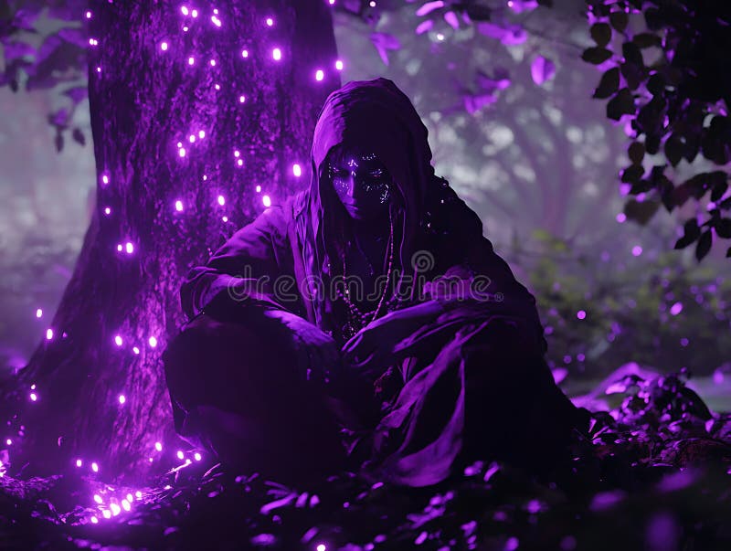 Mysterious Figure with Purple Lights in a Forest Setting Stock ...