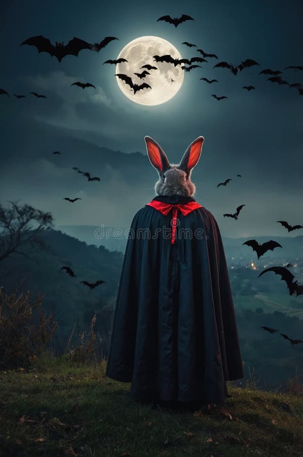 Mysterious Rabbit in Vampire Cape, Halloween Night Stock Illustration ...