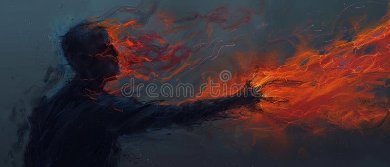 A Mysterious Figure Reaches Towards a Swirling Mass of Fire Stock Photo ...