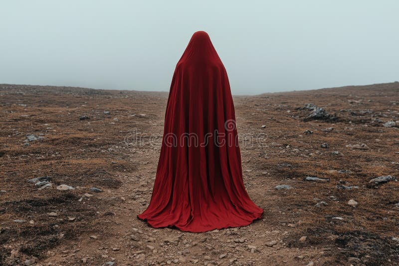Mysterious Figure in Red Robe Standing in a Desolate Landscape Stock ...