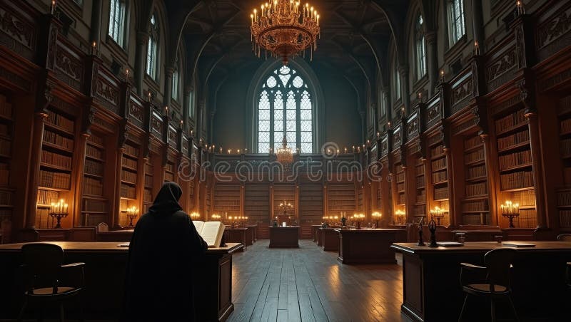 Mysterious Figure Studies Ancient Secrets in Candlelit Gothic Grand Library Stock Illustration ...