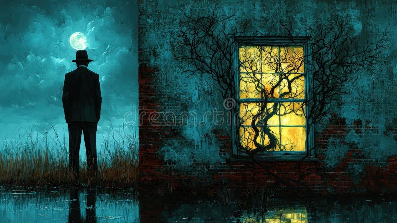 Mysterious Figure in a Suited Shadow Under Moonlight with Eerie Tree ...