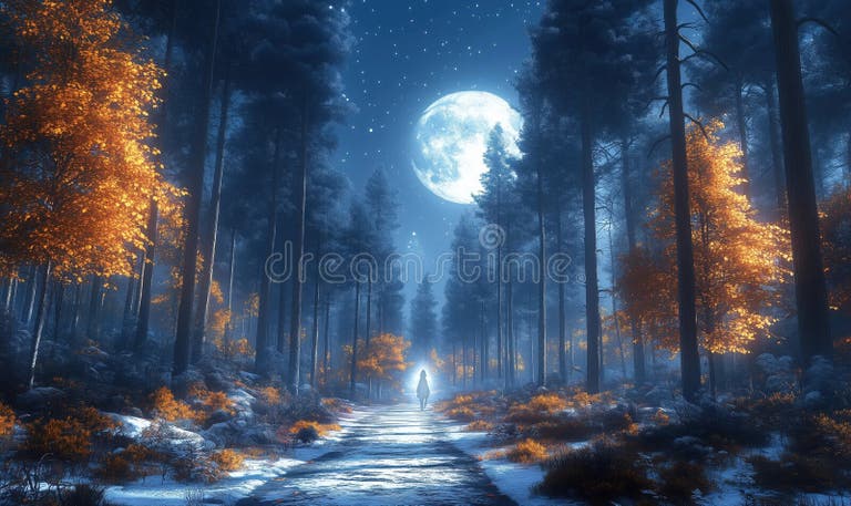 Mysterious Figure Walking through Enchanted Forest Under Full Moonlight ...