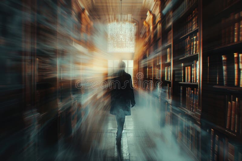 Mysterious Figure Walking through a Library Filled with Books and Soft ...