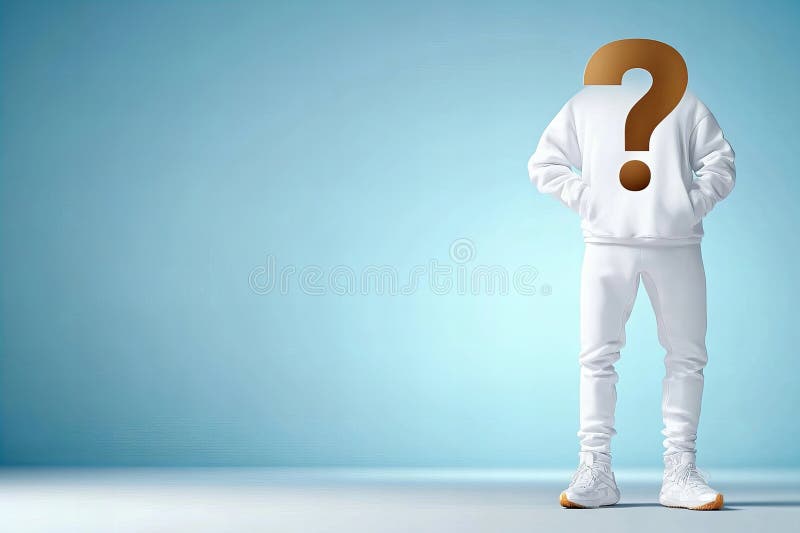 Mysterious Figure in White Outfit with Question Mark Head on Blue ...