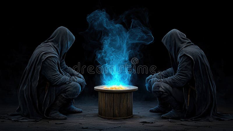 Mysterious Figures Casting a Glowing Spell Over a Cauldron in a Dark ...