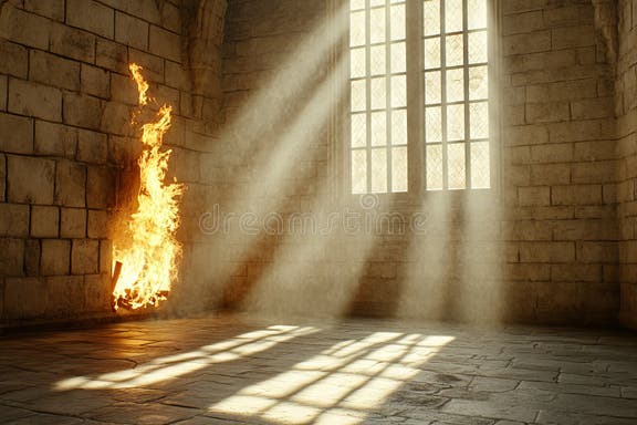 A Mysterious Fire Erupts within a Dimly Lit, Ancient Hall Adorned with ...